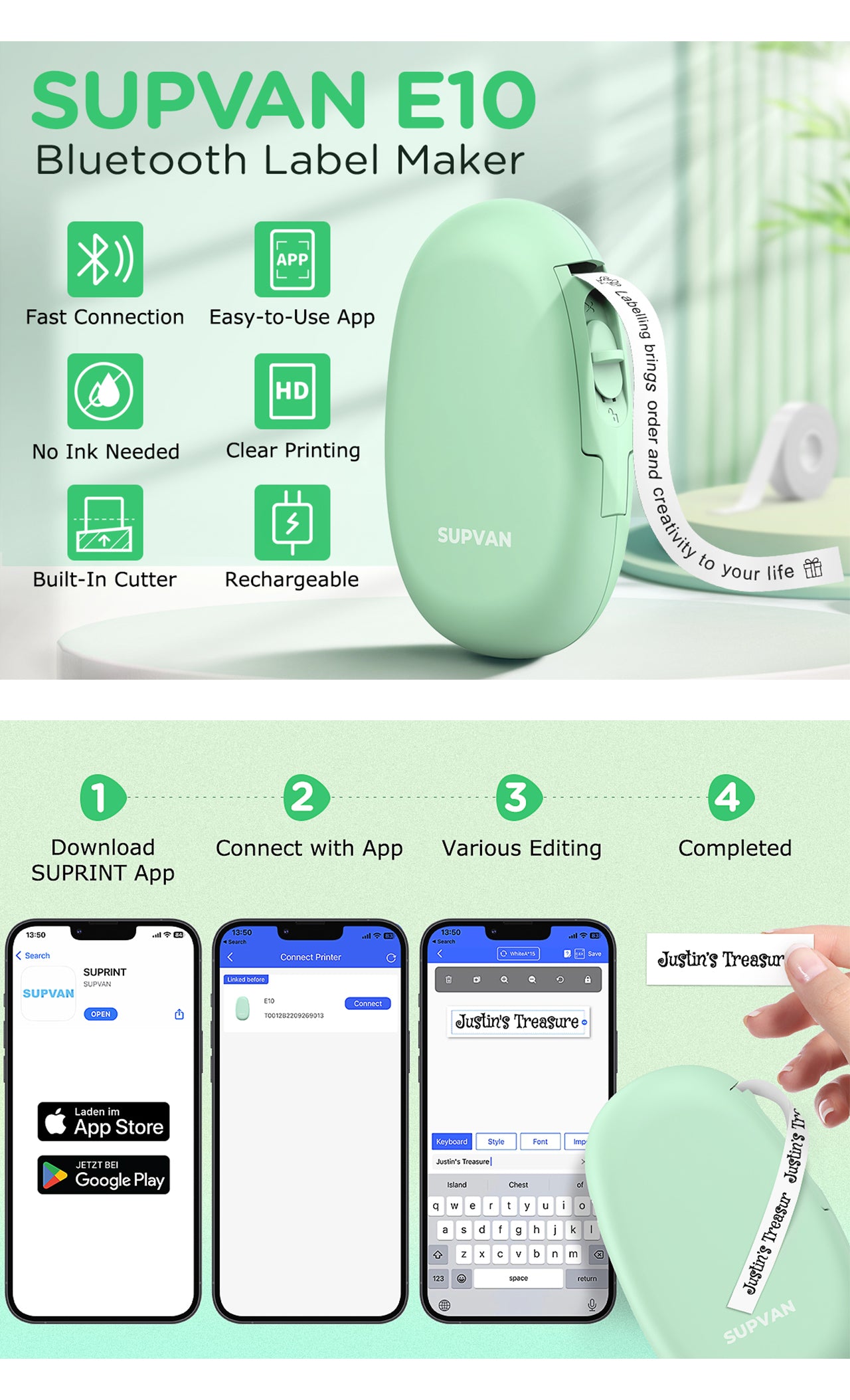 SUPVAN T50M Pro Label Printer Bluetooth and 3 Roll Waterproof Labels S