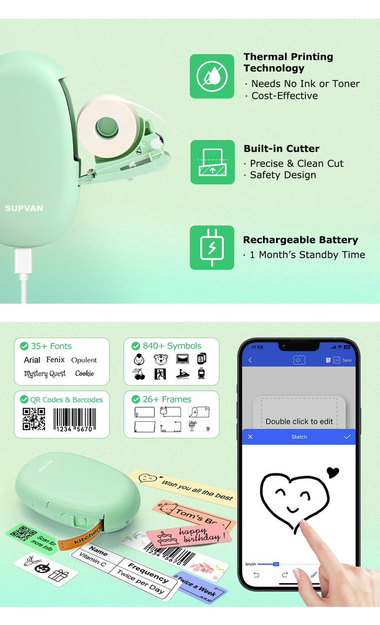 SUPVAN T50M Pro Bluetooth Label Maker Machine with Tape, Wide Waterpro